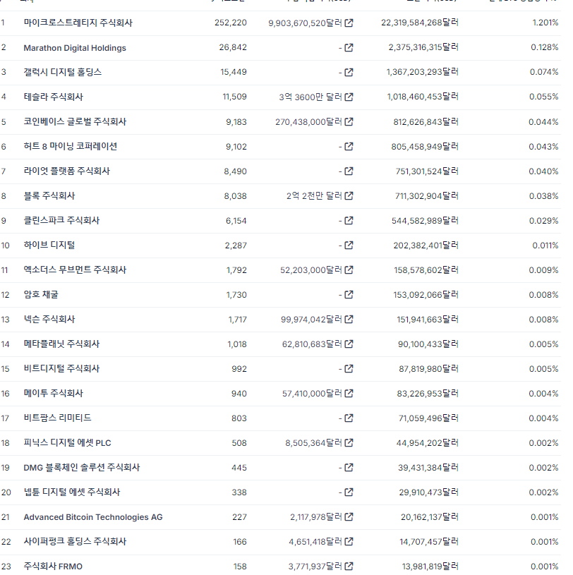 기업별 비트코인 보유현황 - 스카이파크
